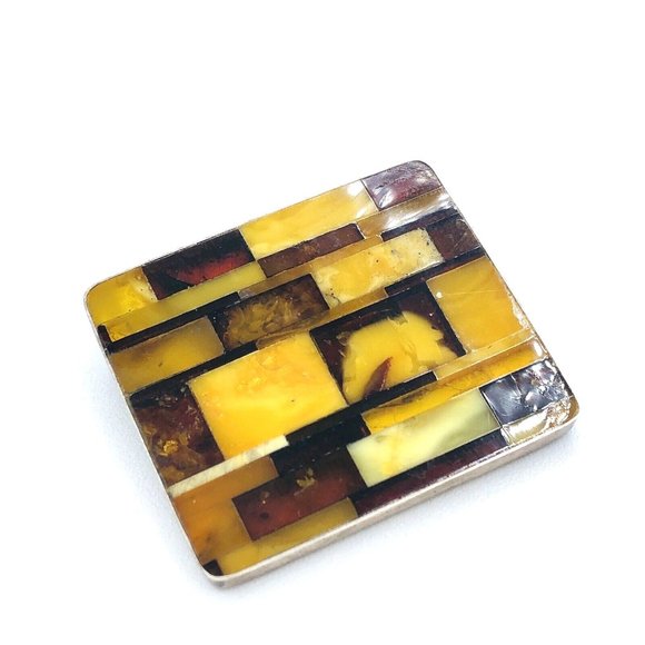 Vintage | Jewelry | Vintage Amber Brooch Inlay Mosaic Tile Sterling ...
